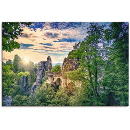 Wandbild Artland "Basteibrücke in der Sächsischen Schweiz" Bilder Gr. B/H: 90 cm x 60 cm, Leinwandbild Felsen Querformat, 1 St., grün Kunstdrucke