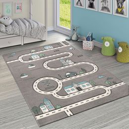 Kinderteppich Paco Home "Diamond 710" Teppiche Gr. B/L: 140 cm x 200 cm, 17 mm, 1 St., grau Kinder Kinderzimmerteppiche Kurzflor, Straßen-Spiel-Teppich, Kinderzimmer