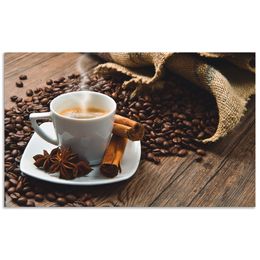 Küchenrückwand Artland "Kaffeetasse Leinensack mit Kaffeebohnen" Spritzschutzwände Gr. B/H: 90 cm x 55 cm, braun Küchendekoration
