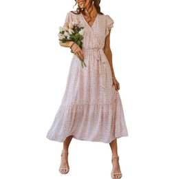 KIKI A-Linien-Kleid Strandkleid mit V-Ausschnitt und kurzen Ärmeln und Gürtel