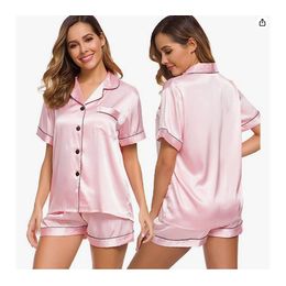 ZWY Pyjama Satin Pyjama Damen Kurz Schlafanzug mit Knopf Frauen