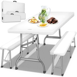 tillvex® Bierzeltgarnitur klappbar weiß 3-teilig Set Kunststoff Gartengarnitur wetterfest 180 cm Gartenmöbel Set Indoor & Outdoor mit Gartentisch und