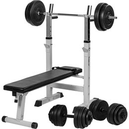 Movit® Hantelbank mit Hantelset - 60 kg, Klappbar, Ablage, Verstellbar, Dip Station, mit Langhantel, Kurzhanteln, Weiß - Trainingsbank mit Gewichten,