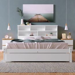 Betten mit Bettkasten Doppelbett 140x200 cm mit Schubladen und Bücherregal Schlafzimmerbett weiß - Off-white