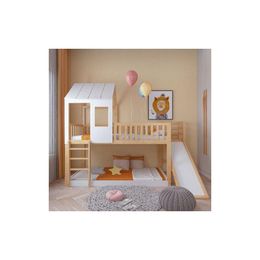 Etagenbett mit rechtwinkliger Leiter und Rutsche, Hausbett mit Dach und Fenster, Kinderbett mit Fallschutz und Gitter, Rahmen aus Kiefer, Natur+Weiß