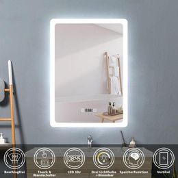 Badspiegel mit Beleuchtung Badezimmerspiegel Wandspiegel Lichtspiegel 60 x 80 cm Beschlagfrei Uhr 3 Lichtfarben Dimmbar led Memory Funktion