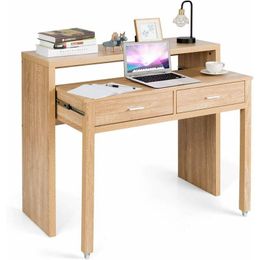 GOPLUS Ausziehbarer Schreibtisch, Platzsparender Computertisch auf Rollen mit ausziehbarer Platte, Bürotisch mit 2 Schubladen, Arbeitstisch für