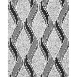 Grafische Tapete EDEM 1025-16 Buntsteinputz geschwungene Linien mit Ornamenten hellgrau schwarz silber - grau