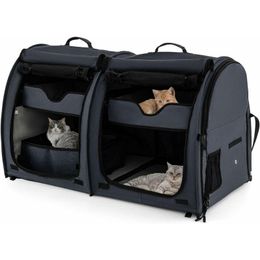 GOPLUS Transportbox mit Zwei Fächern für Katzen, 2 in 1 Haustierhütte mit abnehmbaren Hängematten & Katzentoilette, Tragbare Reisebox für Katzen &