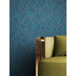 Newroom - Tapete Blau Vliestapete Leicht Glänzend - Mustertapete Grafisch Petrol Gold Grafisch Linien Geometrisch - Indigo Muster