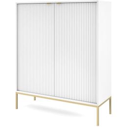 Kommode 100 cm Galla - Sideboard 2-türig mit Beinen & geriffelten Fronten - goldene Griffe - Wohnzimmerkommode (Weiß + Gold) - Weiß + Gold