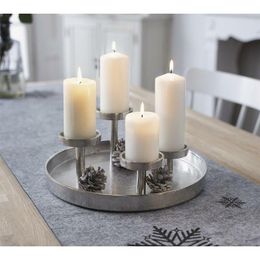 Dekoleidenschaft - Kerzenhalter Tablett aus Aluminium in Antik Optik, silber, Adventskranz ø 32 cm, Kerzentablett für 4 Kerzen