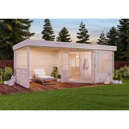 Saunahaus Hanna-40 Gartensauna 3 Sitzbänke aus Holz, Sauna mit 40 mm Wandstärke, Außensauna mit Montagematerial - Naturbelassen - FinnTherm