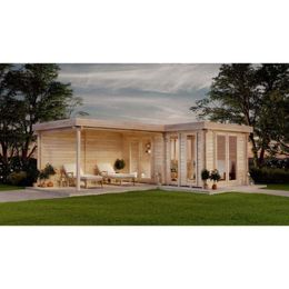 FinnTherm Saunahaus Quinta iso Gartensauna 3 Sitzbänke aus Holz, Sauna mit 44 mm Wandstärke fsc zertifiziert, Außensauna mit Montagematerial - Naturbelassen