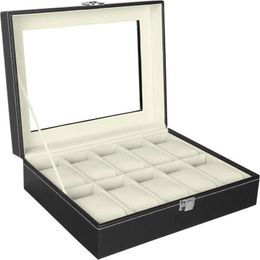 Uhrenbox 10 Fächer Glasdeckel Metallschnalle Schwarzes PU-Leder Cremefarbenes Futter Abnehmbares Sitzkissen aus Samt Herren - Tlgreen