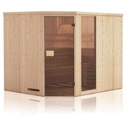 5-Eck Saunahaus Maja iso Gartensauna 3 Sitzbänke aus Holz in Braun, Sauna mit 44 mm Wandstärke Außensauna - Braun - FinnTherm