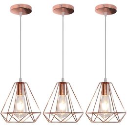 Pendelleuchte Vintage Retro Metall Kronleuchter im Ø20cm Diamant-form, Antik Industrielle Hängelampe mit Käfig E27 Fassung Roségold 3PCS