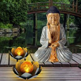 etc-shop 3er Set Dekoration 2x led Solar Lampe Lotos Blume Crackle Glas Garten Außen 1x Buddha Figur Feng Shui