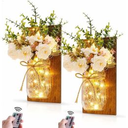 2 Stück Wandleuchte Mason Jar Lights Wanddekoration, batteriebetriebene Hängeleuchten mit künstlicher Blume, LED-Streifendekor für drinnen und