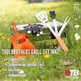Toolbrothers - Outdoor tragbarer Holzkohle Edelstahl Grill Set für Camping werkzeuglose Montage 43 x 29 x 23 cm Silber + Grillbesteck ,