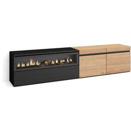 TV-Schrank, Lowboard, für Wohnzimmer und Esszimmer, 200x45x35cm, Für TV-Geräte bis zu 80', Elektrokamin. Maße, Moderner Stil, Eiche Schwarz - Skraut