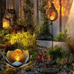 etc-shop Solarleuchte Lotusblume Solarlampe orientalisch Flamme Garten Deko Leuchte Blume, Crackle Glaskugel, Lichteffekt, led warmweiß, 2er Set