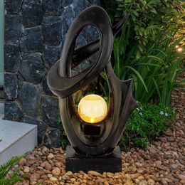 etc-shop Solarlampe für Außen Garten Deko Terrassen Lampe Außen Boden Solar Lampe Outdoor stehend, mit Flammeneffekt, Skulptur schwarz, Crackle Glaskugel, 1x