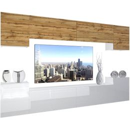 Wohnwand Vollausstattung Wohnzimmer-Set Moderne Schrankwand mit LED-Beleuchtung Anbauwand TV-Schrank Eiche Wotan Top/Weiß - Belini