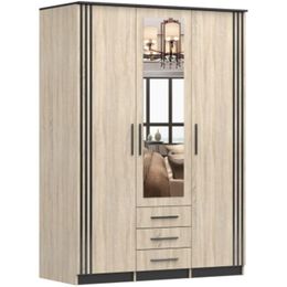E-meubles - Kleiderschrank mit 3 Schubladen Drehtürenschrank Falttürenschrank mit Spiegel 3-türig Schrank mit Einlegeböden und Kleiderstange Gaderobe