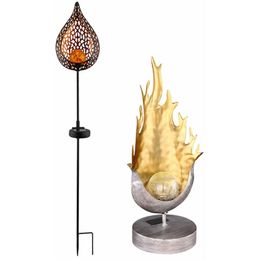 etc-shop Solarleuchte Gartendeko Steckleuchte led Außenleuchte Erdspießleuchte Stehleuchte Tischlampe mit Feuereffekt, Flammen Design, led, 2er Set