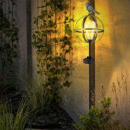 etc-shop LED Solarlampen Gartenstecker Solar Vogel für Außen Tiere Gartendeko Metall Solar, Edison Birne amber, schwarz antik, LED warmweiß, DxH 15,5x94,5 cm