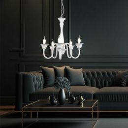 etc-shop Hängelampe Wohnzimmer Kronleuchter weiß Esstischlampe 5-flammig, Pendelleuchte klassisch Kerzen, Metall Acryl matt, 5x E14 Fassung, DxH 56x150 cm
