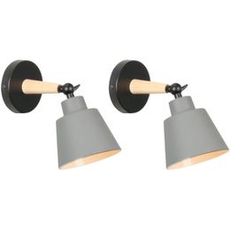 2er Wandleuchte Holz, Moderne Wandlampe Innen mit Metall Lampenschirm, Wandstrahler Art Licht Decor für Wohnzimmer Schlafzimmer (Grau)