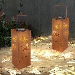 etc-shop - Solarleuchte Gartendeko Laterne rost Gartenleuchte Außenlampe, Schmetterling Dekorstanzungen, Metall, led, LxH 10,2 x 26 cm, 2er Set