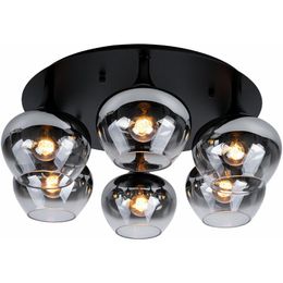 etc-shop Deckenlampe Rauchglas Deckenleuchte Esszimmerleuchte rund Glaskugel Schlafzimmer, Metall schwarz, 6x E27, DxH 65x25,5 cm