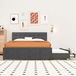 Gepolstertes Doppelbett mit drei Schubladen und verstellbarem Kopfteil, grau, 140x200cm