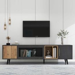 Eleganter TV-Schrank, 200x40x55,5 cm, dunkles Holz, grau und Holzmaserung, für einen 90-Zoll-Fernseher geeignet Okwish