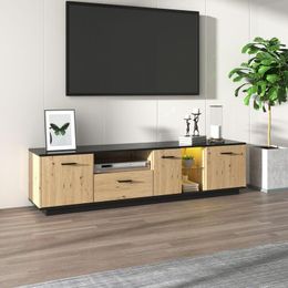 TV-Schrank mit einer Schublade, drei Türen, zwei offene Fächer mit Glas TV-Möbel, TV-Board, TV-Lowboard Feinstruktur. Schwarze und natürliche