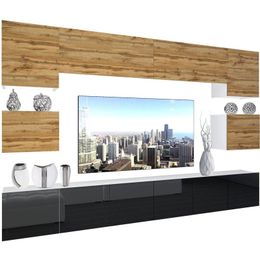 Wohnwand Vollausstattung Wohnzimmer-Set Moderne Schrankwand mit LED-Beleuchtung Anbauwand TV-Schrank Eiche Wotan/Schwarz - Belini