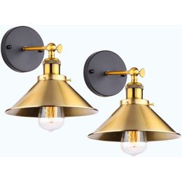 2er Wandleuchte, Vintage Industrielle Wandlampe aus Metall mit Ø22cm Lampenschirm für Schlafzimmer Wohnzimmer Esszimmer (Gold)
