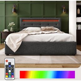 Polsterbett Betten mit Bettkästen Einzelbett 140x200cm mit LED-Beleuchtung und 4 Schubkästen Grau mit Matratze - grau