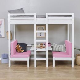 ebuy24 BasicJumbo Hochbett mit rosa Sofa, Schreibtisch und inkl. Lattenroste. - Weiß