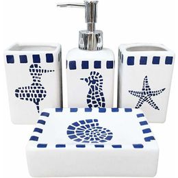 Rhafayre - Set mit 4 Badezimmer-Accessoires aus Keramik – modernes Design – Lotionflaschen, Zahnbürstenhalter, Becher, Seifenspender – Wasserlebewesen