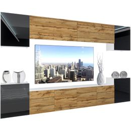 Belini - Wohnwand Vollausstattung Wohnzimmer-Set Moderne Schrankwand mit LED-Beleuchtung Anbauwand TV-Schrank Schwarz/Wotan Eiche Top