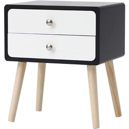 Nachttisch Holztisch mit 2 Schublade Beistelltisch Beistellschrank mit Kiefer Beine Nachtschrank 42x32x50cm Schwarzer Rahmen weiße Schublade