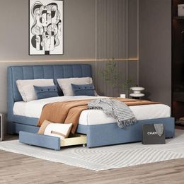 Polsterbett Betten mit Bettkästen Doppelbett 140 x 200 cm mit Schubladen Hohe Rückenlehne Kopfteil blau - Blau