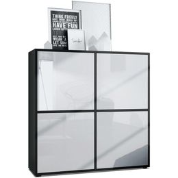 Vladon - Highboard Sideboard Kommode Schrank Cuba V2 Schwarz, Hochglanz & Naturtöne - Türen in Weiß Hochglanz - Türen in Weiß Hochglanz