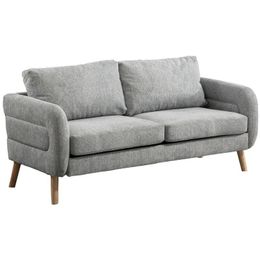 2-Sitzer-Sofa aus grauem Stoff, skandinavischer Stil, breite, tiefe Sitze, geschwungene Armlehnen, konisches Gestell aus Gummibaumholz - Grau
