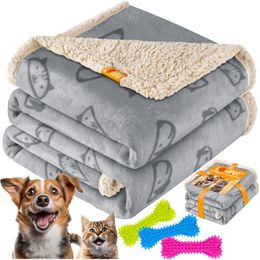 Wasserdichte Hundedecke Sherpa Fleece Haustier Decke + 3x Spielzeugknochen maschinenwaschbar beidseitiger Sofabezug-Schutz Grau / l (127 x 101 cm)