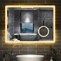 AICA SANITAIRE Badspiegel mit Beleuchtung Badezimmerspiegel Wandspiegel Wasserdicht Wandmontagespiegel Lichtspiegel 80 x 60 cm Beschlagfrei Uhr 3 Lichtfarben